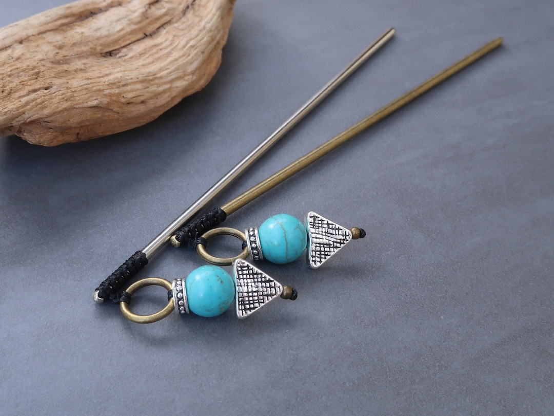 Original Hairpin With Ethnic Bronze Rings and Turquoise Colored Pearl ...