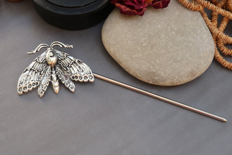 Silver Moth and Crescent Moon Hair Stick, Witchy Moon Jewelry - Etsy UK
