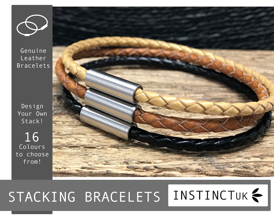 Women's Stacking Bracelets, Genuine Leather & Stainless Steel - Set of ...