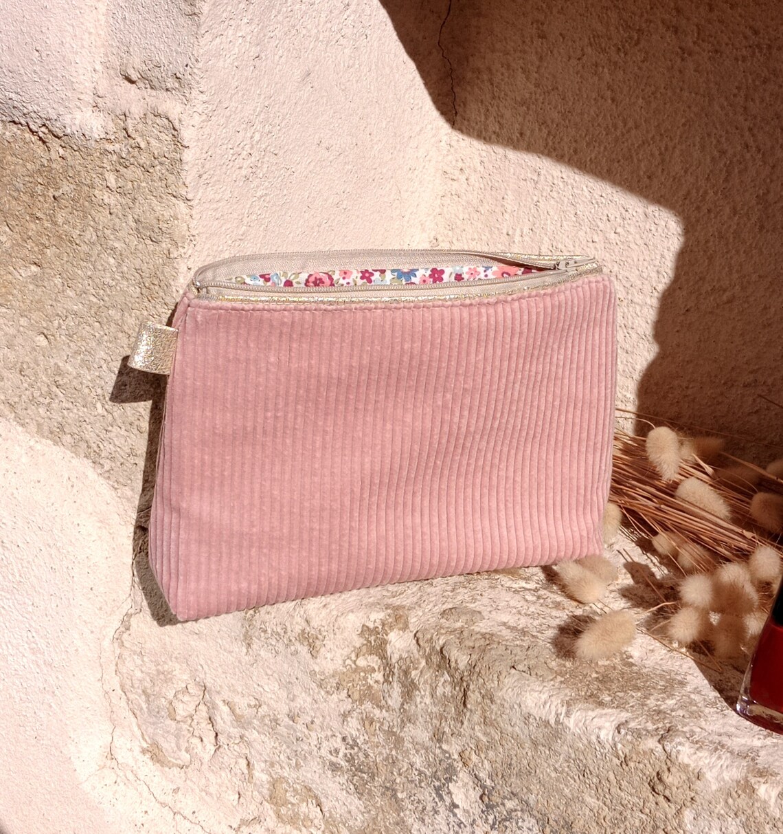 Pink Corduroy Pouch, Gold Piping, Ideal Makeup Bag for Storing Your ...