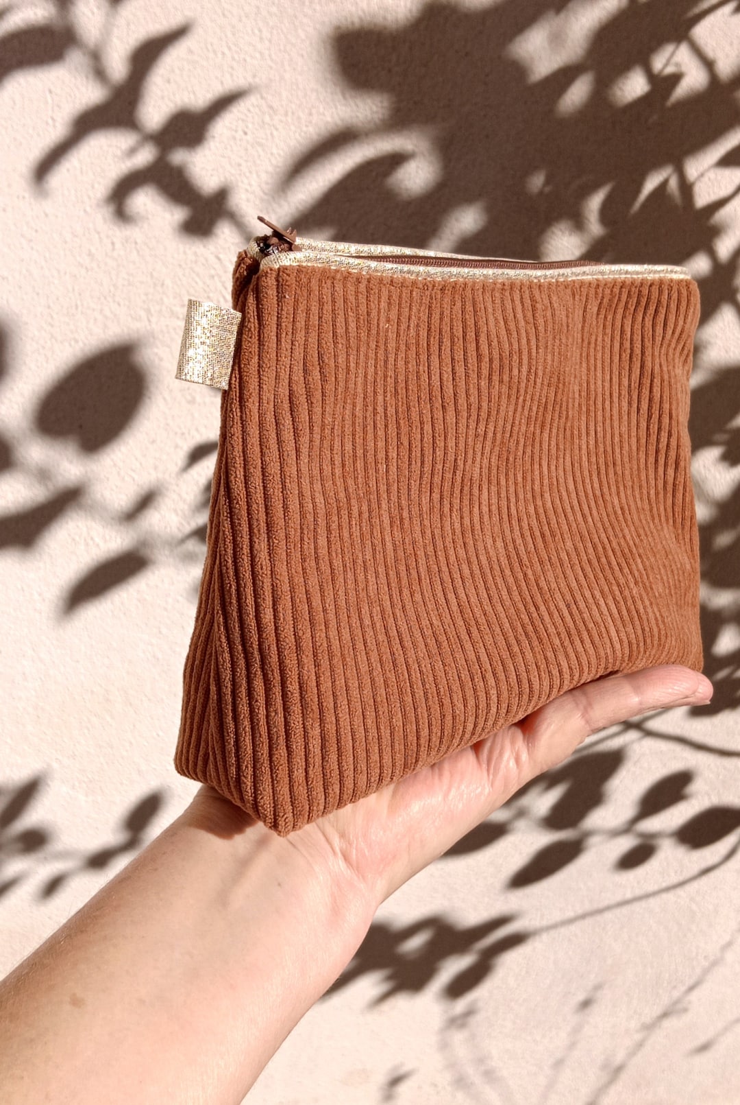 Camel Corduroy Pouch, Gold Piping, Ideal Makeup Bag for Storing Your ...