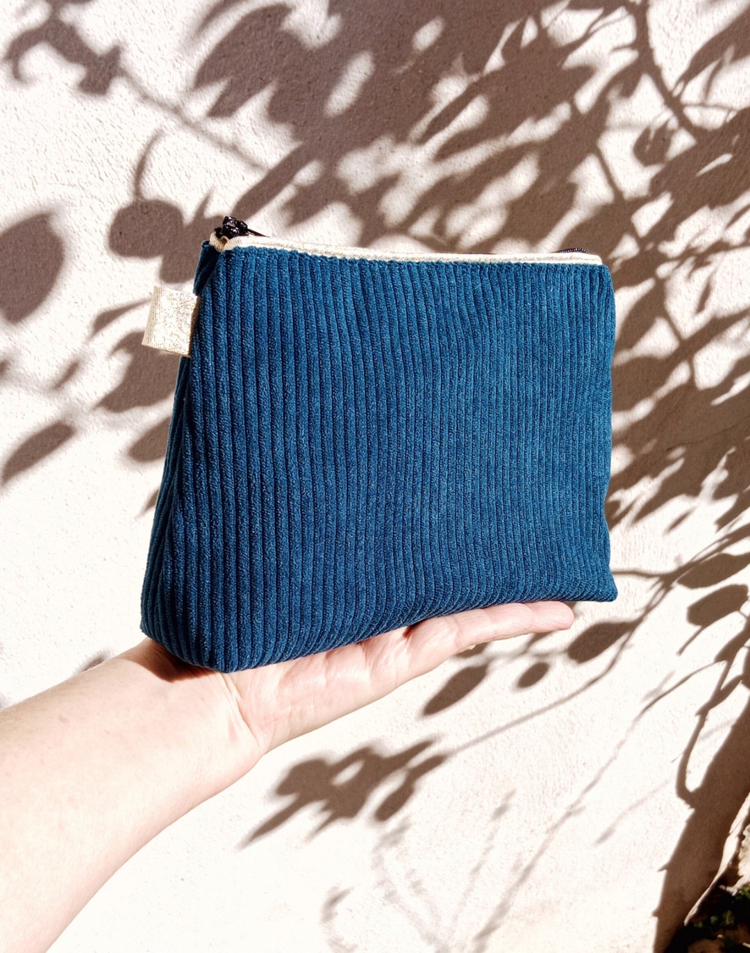 Duck Blue Corduroy Pouch, Gold Piping, Ideal Makeup Bag for Storing ...