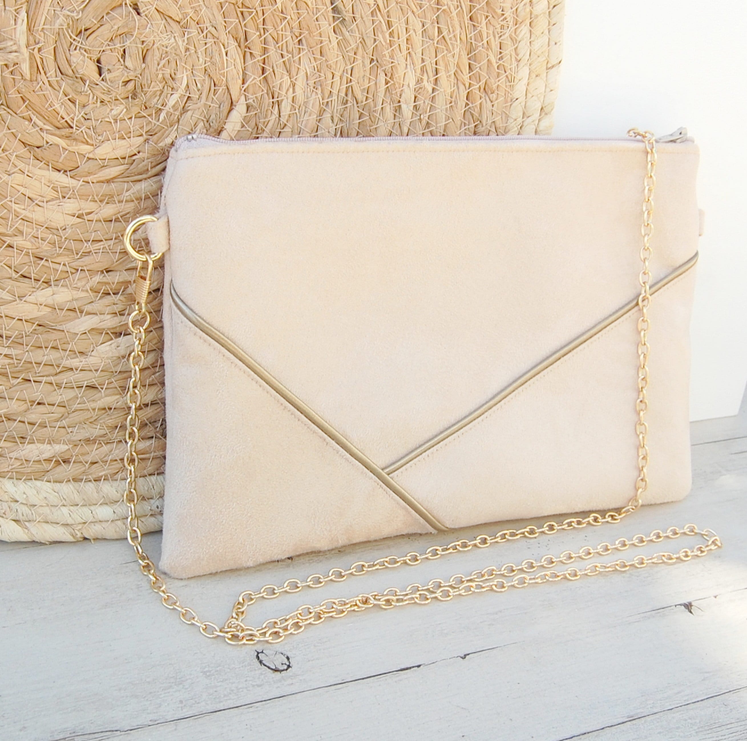 Wedding Clutch Bag Evening Clutch Beige and Gold Border Customizable Clutch suede faux Leather Apres La Plage Etsy
