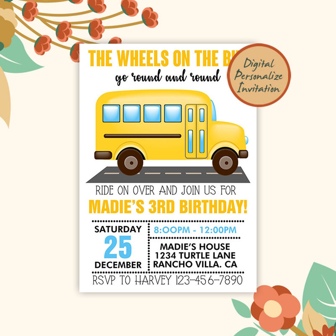 School Bus Invitation, School Bus Birthday Invitation, School Bus Party ...