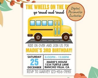 Bus Birthday Invitation With Photo, Bus Invitation With Picture, Bus ...