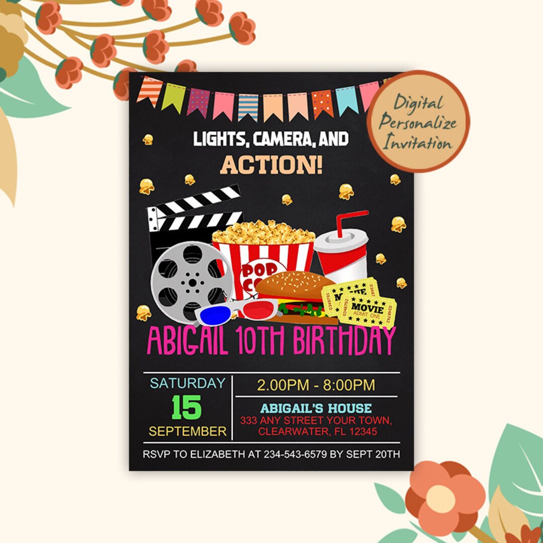 Movie Invitation Digital, Movie Birthday Invitation, Movie Party ...