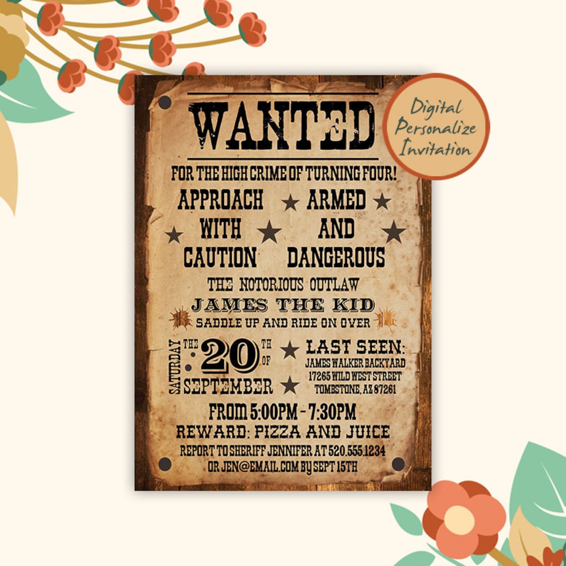 Wanted Poster Invitation, Wanted Poster Birthday Invitation, Wanted ...
