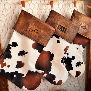 Cow Print Christmas Stockings, Cowhide Print, Burnt Orange, Tri Color ...