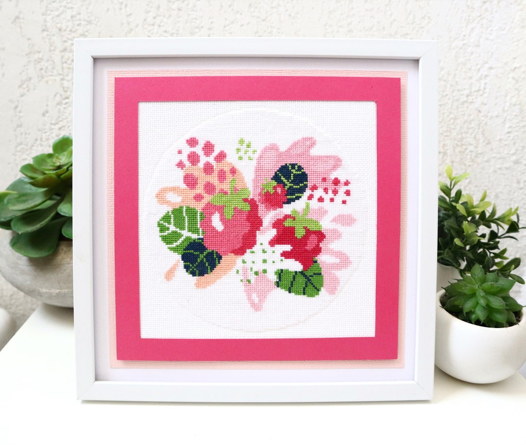 Hand Embroidered Painting, Modern Raspberries, Cross Stitch Embroidery ...