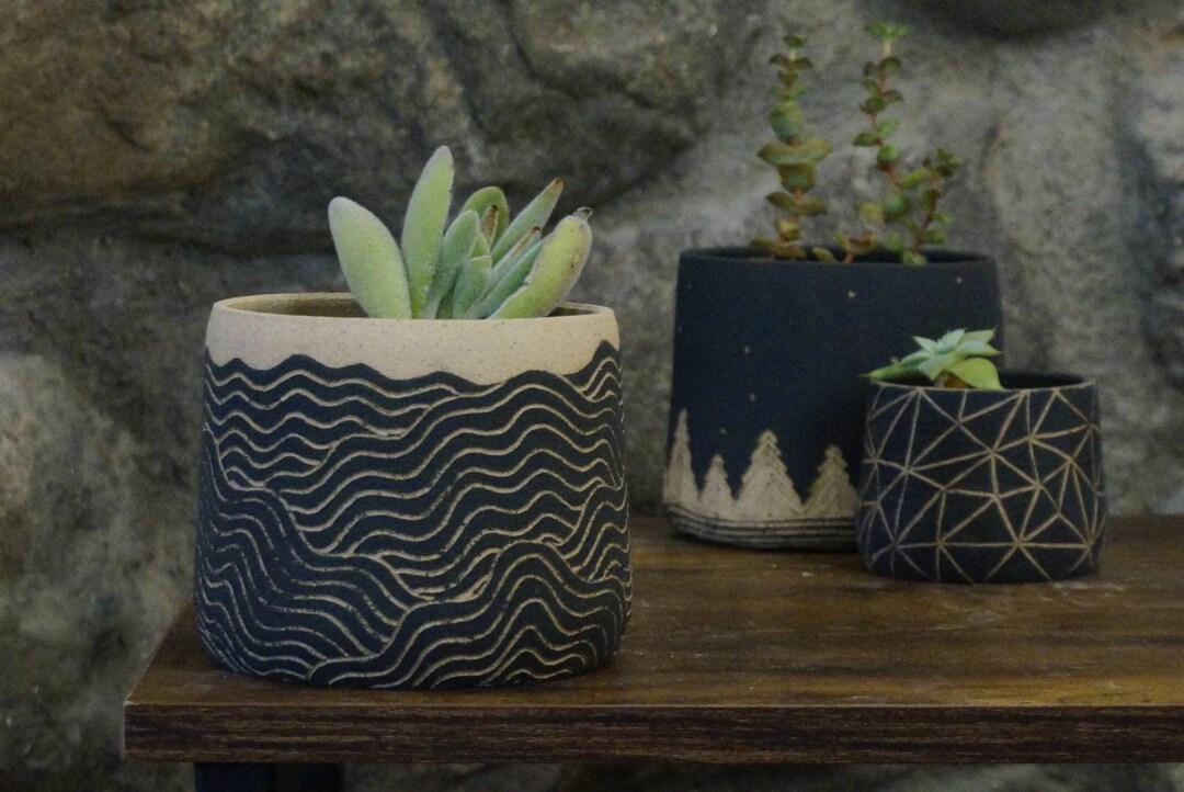 Carved Waves- Handmade Ceramic Succulent Pots Clay Pottery Planters for ...
