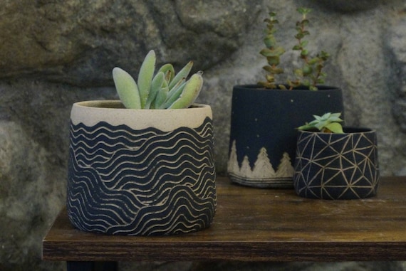 Carved Waves Handmade Ceramic Succulent Pots Clay Pottery | Etsy