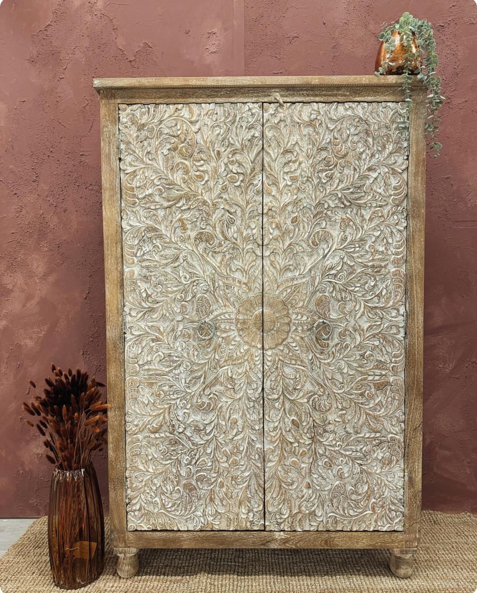Hand Carved Two Door Mango Wood Cabinet - Etsy UK