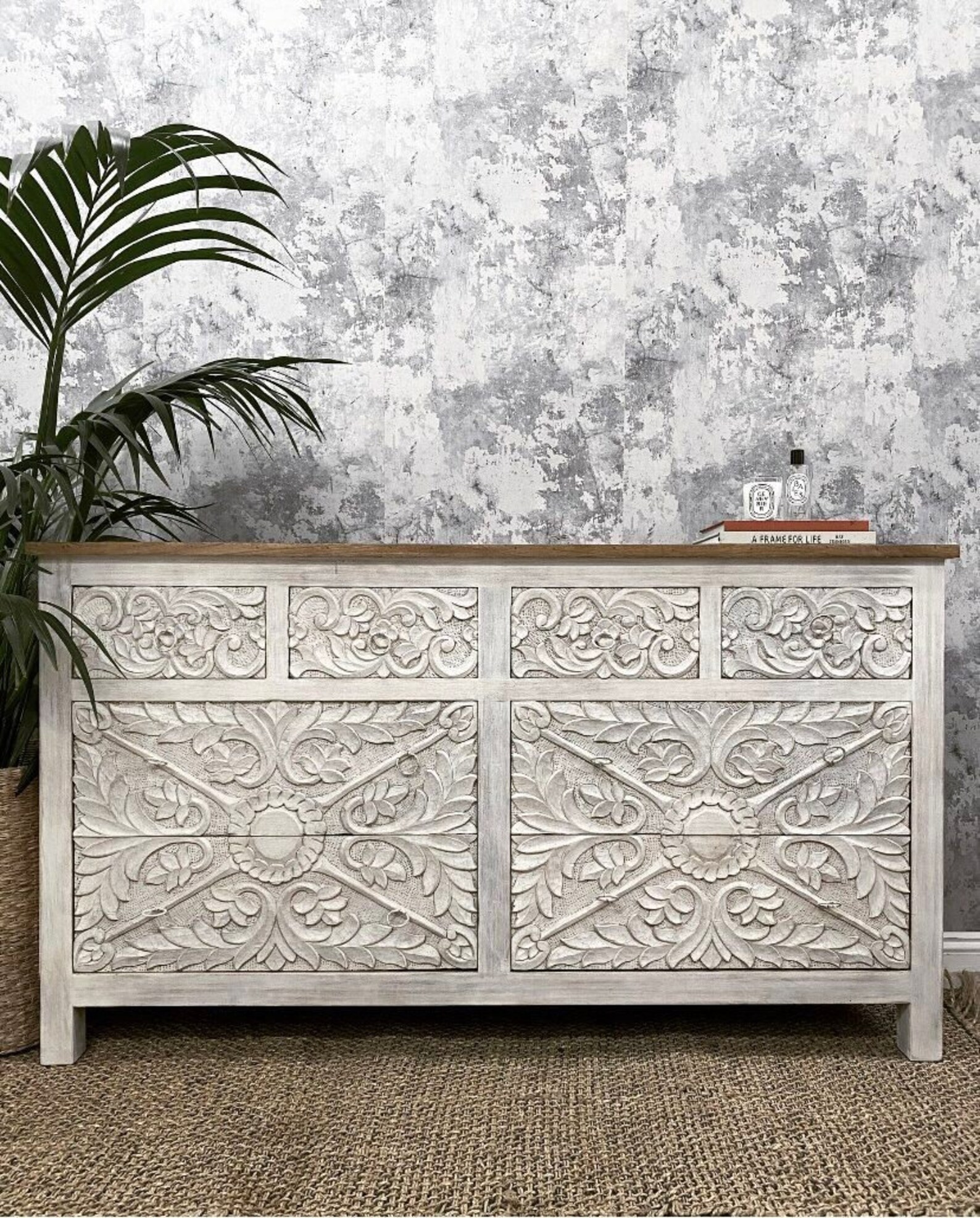 Carved Mango Wood Chest of Drawers in White Washed - Etsy UK