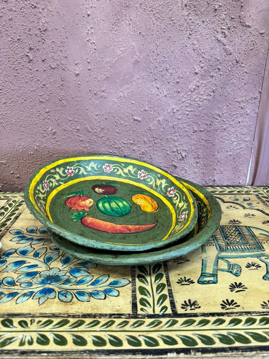 Hand-painted Paper Mâché Green Decorative Bowls – Set of 2, 30cm - Etsy UK