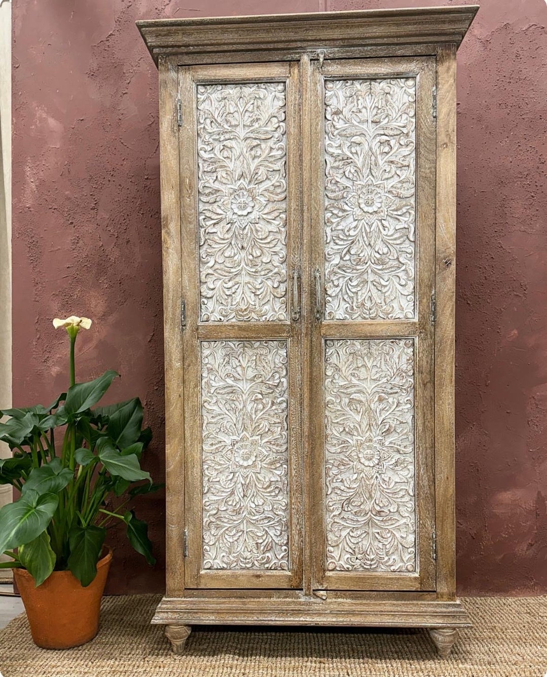 Hand Carved Two Door Mango Wood Armoire / Cabinet - Etsy