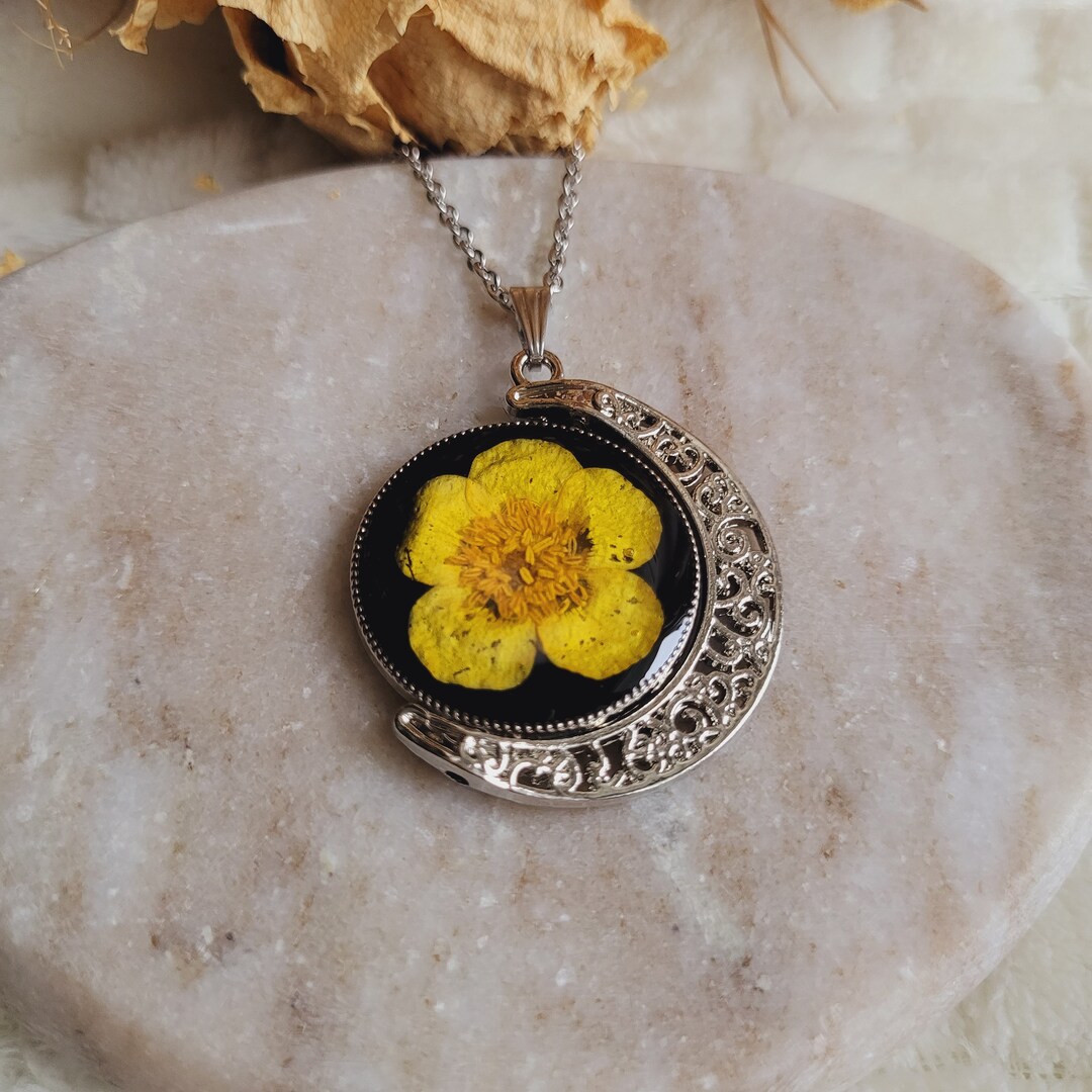 Dried Buttercup Flower Moon Pendant. Sold Alone or With a Chain. Dried ...