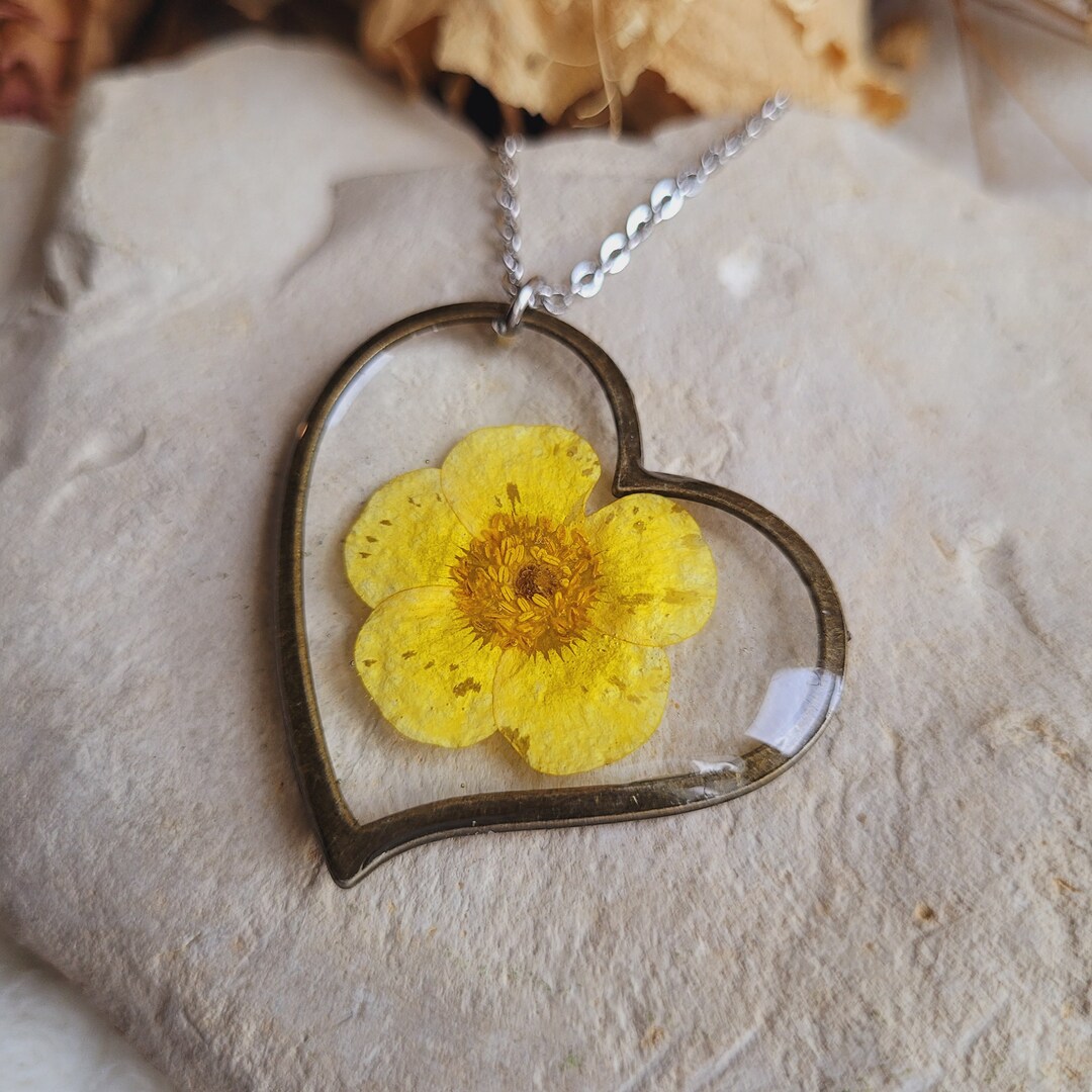 Dried Buttercup Flower Heart Pendant. Sold Alone or With a Chain. Dried ...
