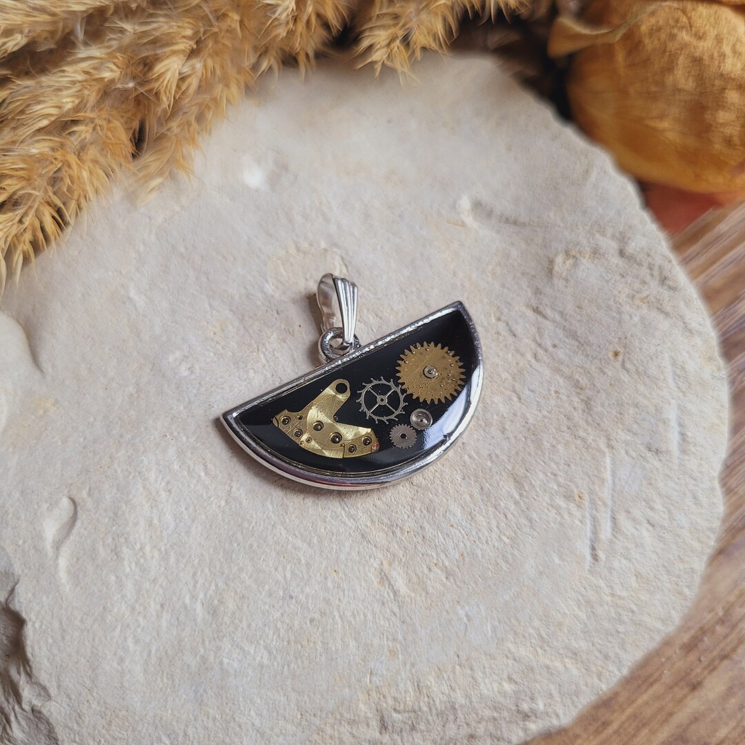 Half Circle Pendant in Resin and Watch Parts. Steampunk Pendant. Sold ...