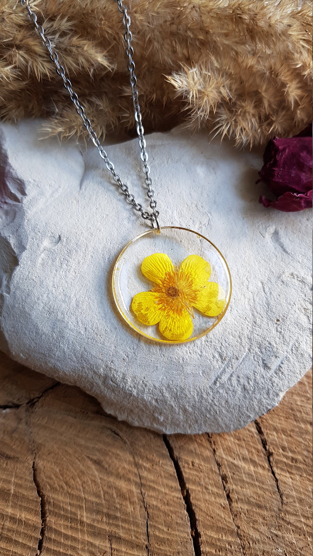 Buttercup Dried Flower Pendant. Circle 3 Cm. Sold Alone or With a Chain ...