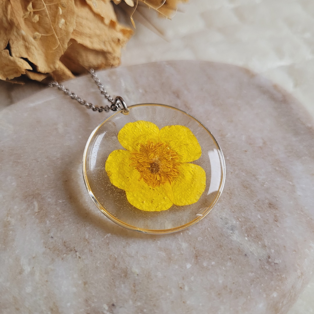 Round Dried Buttercup Flower Pendant. Sold Alone or With a Chain. Dried ...