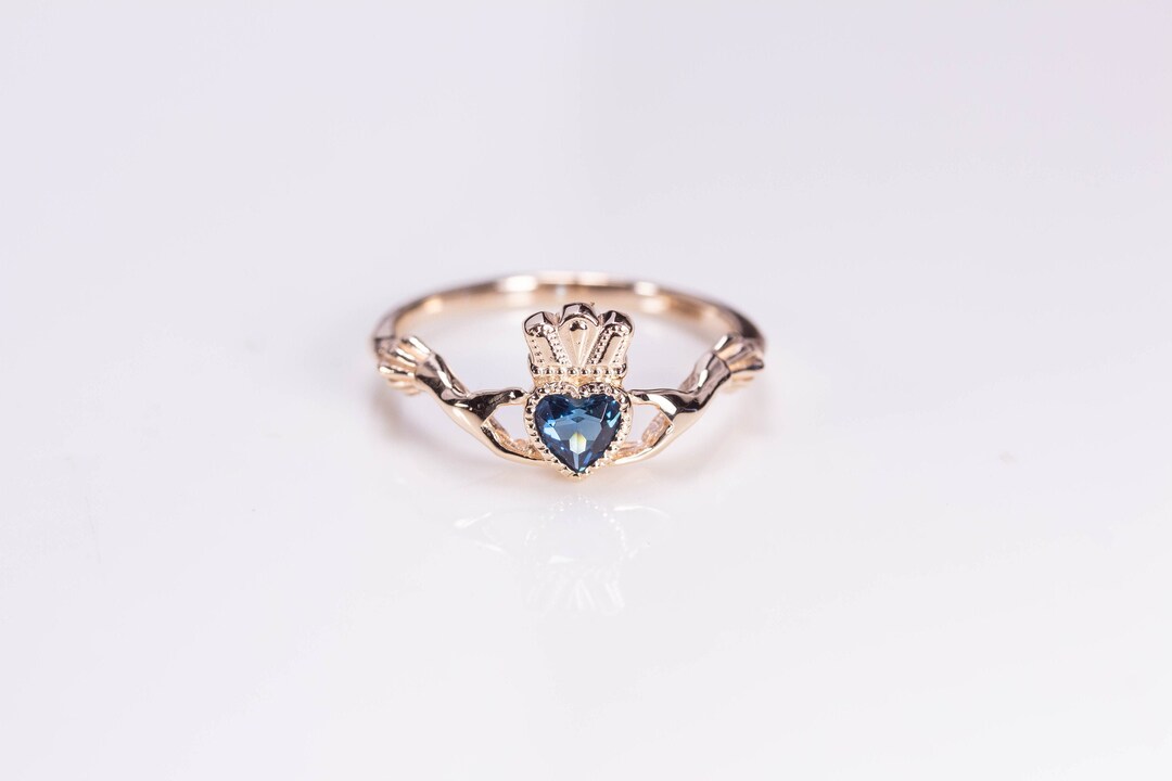 14K Gold London Blue Topaz Claddagh Ring – Ocean-blue Irish Engagement ...