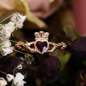 Gold Claddagh Ring/ Irish Claddagh/ Garnet Claddagh Promise Ring ...
