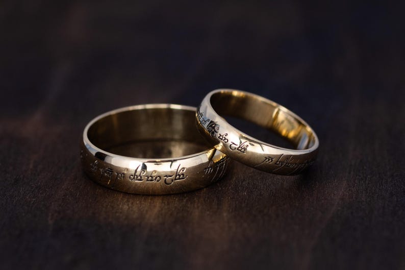 Solid Gold Wedding Ring Set With Elvish Inscription - Etsy