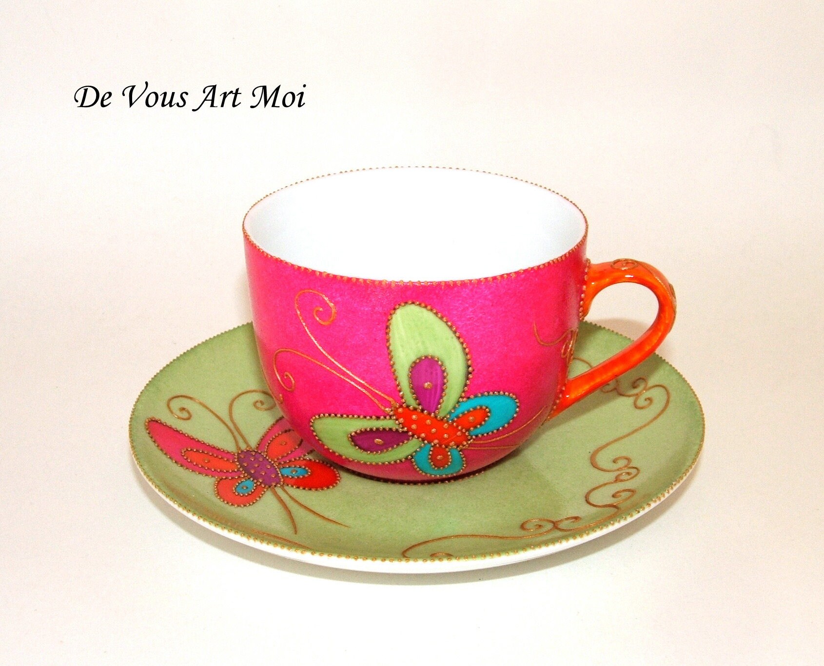 Tasse thé porcelaine,fait main,avec sous tasse papillons,tasse bohème ...