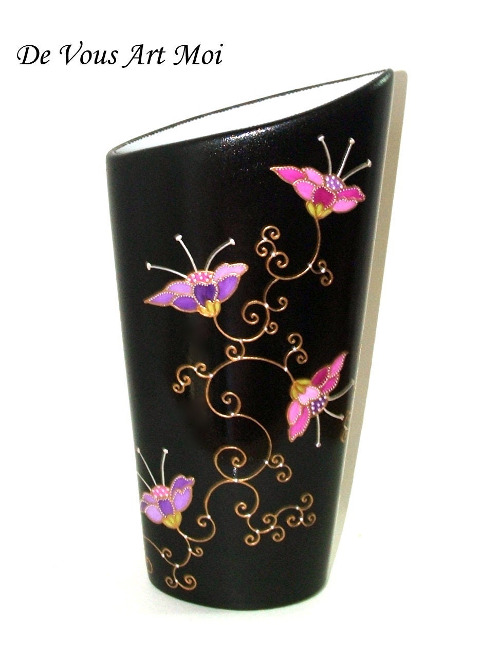 Grand vase porcelaine peinte,vase moderne noir,vase motif fleur,artisanal