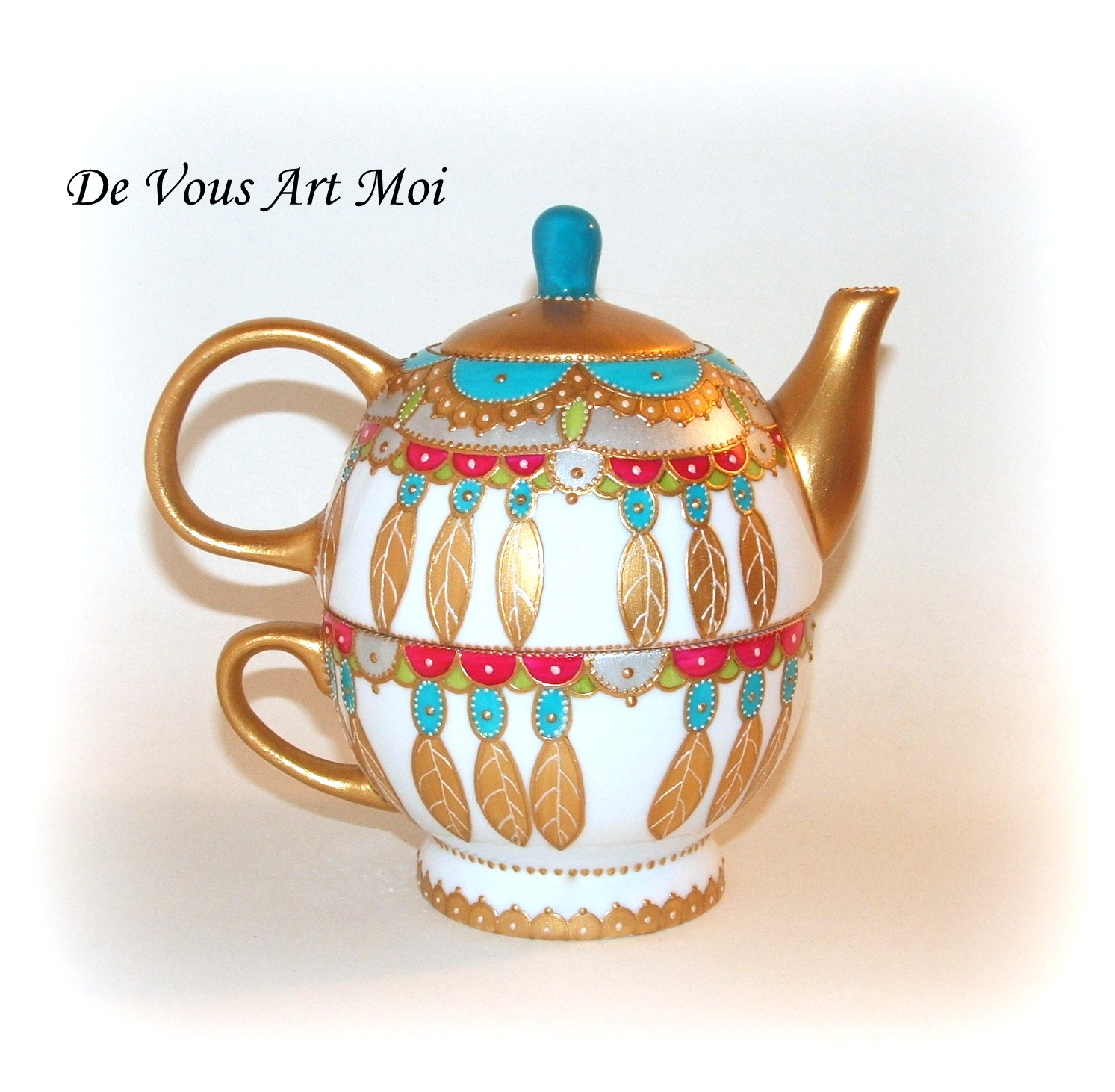 Bohemian large selfish Solitaire teapot with its hand painted porcelain cup
