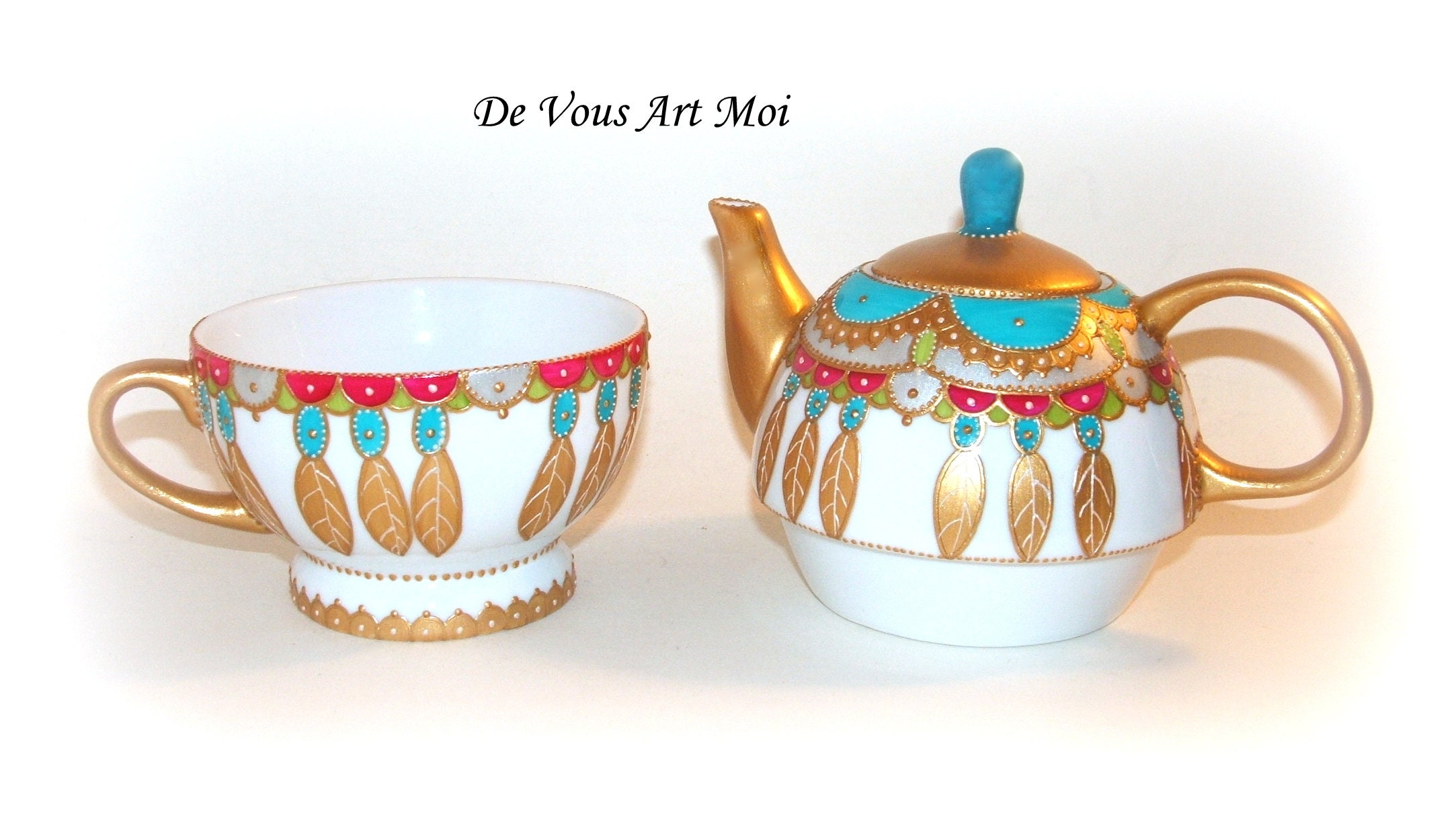 Bohemian large selfish Solitaire teapot with its hand painted porcelain cup