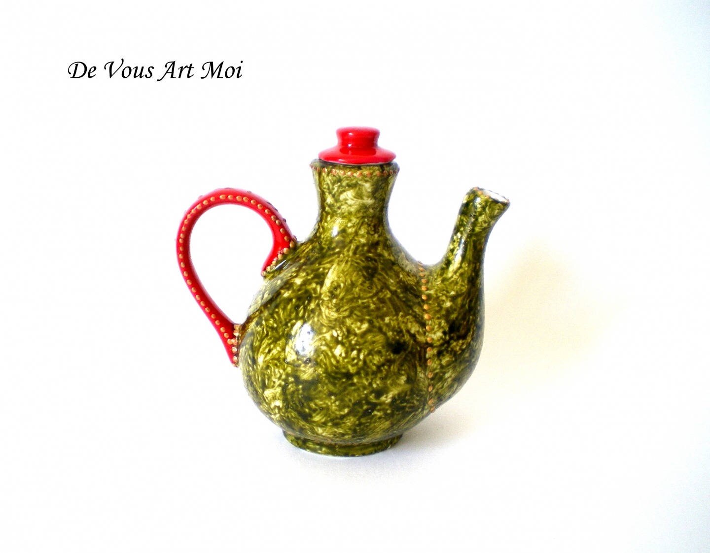 Small red and green hand painted porcelain teapot