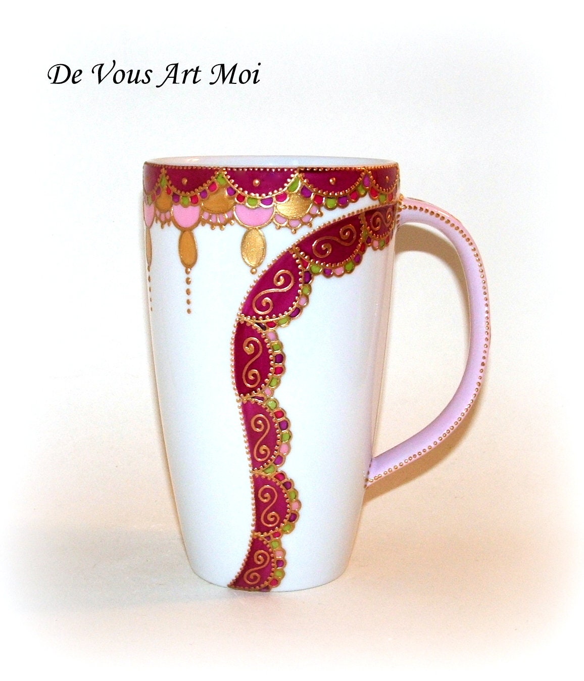 Bohemian chic collection hand painted mug XXL 60 cl jumbo pink and gold ...