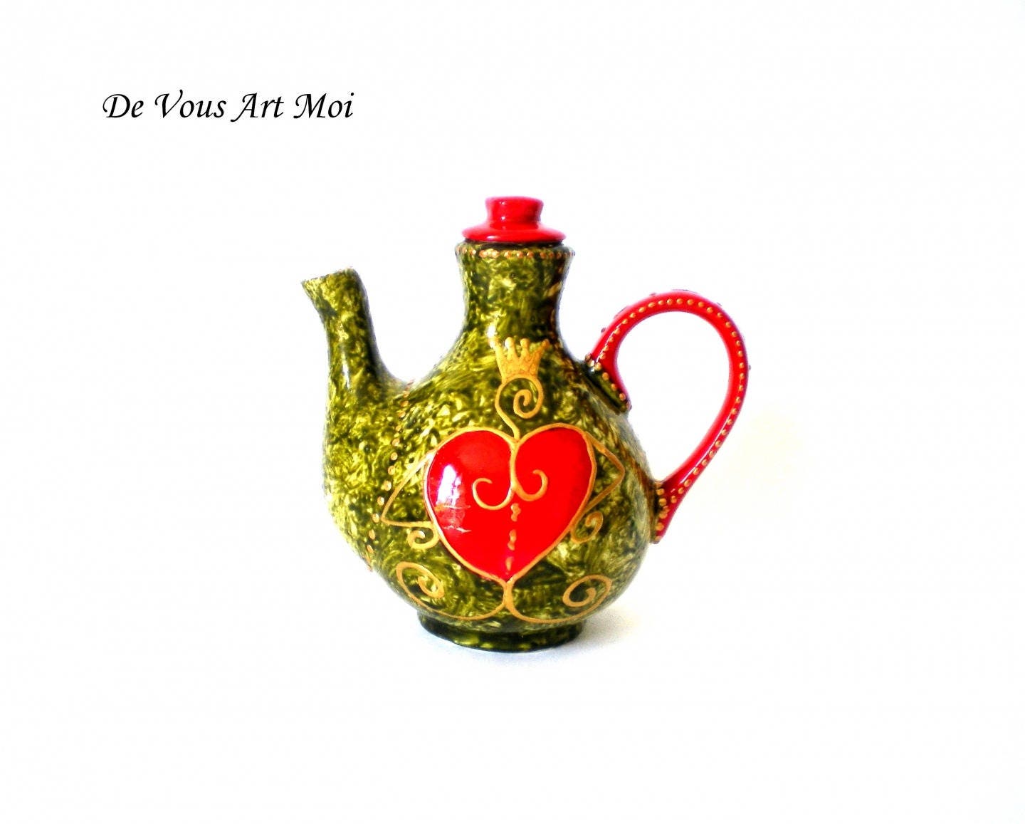 Small red and green hand painted porcelain teapot