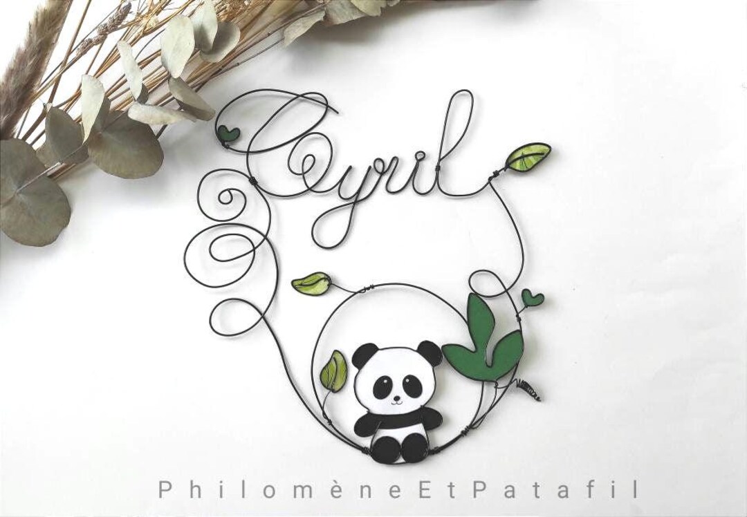 Customizable First Name in Wire, panda and Leaves Wall Decoration for ...