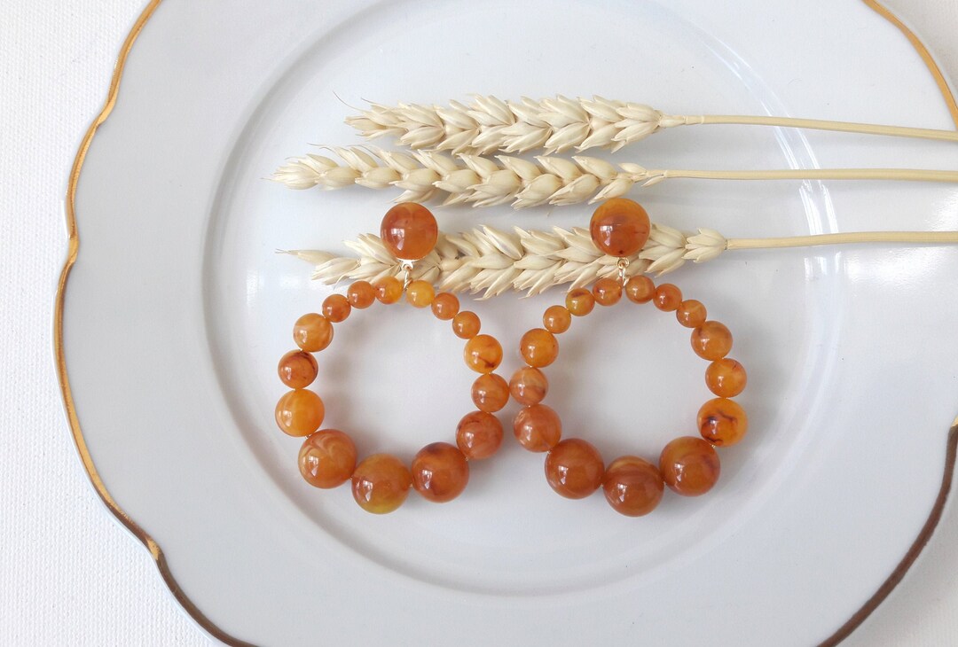 Earrings large Model Creole Amber Beads Marbled Apricot in Resin Vintage Spirit - Etsy