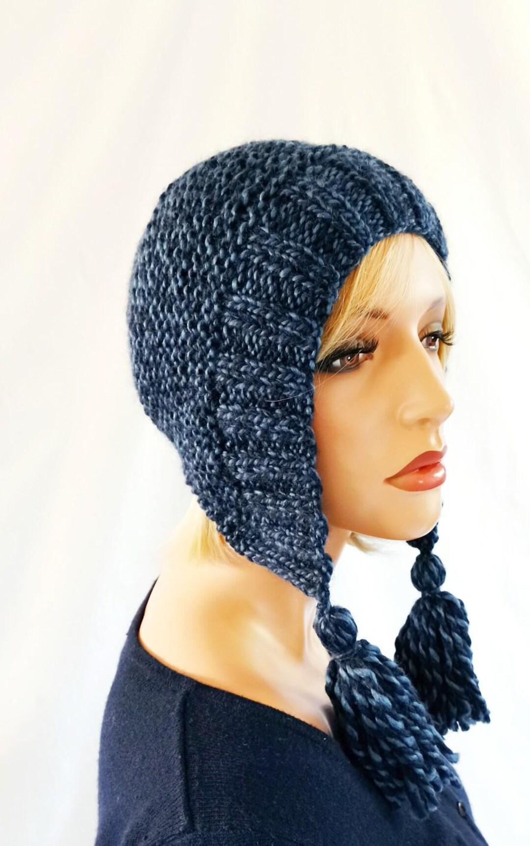 Hand Knitted Blue Mottled Capuchin Hat - Etsy