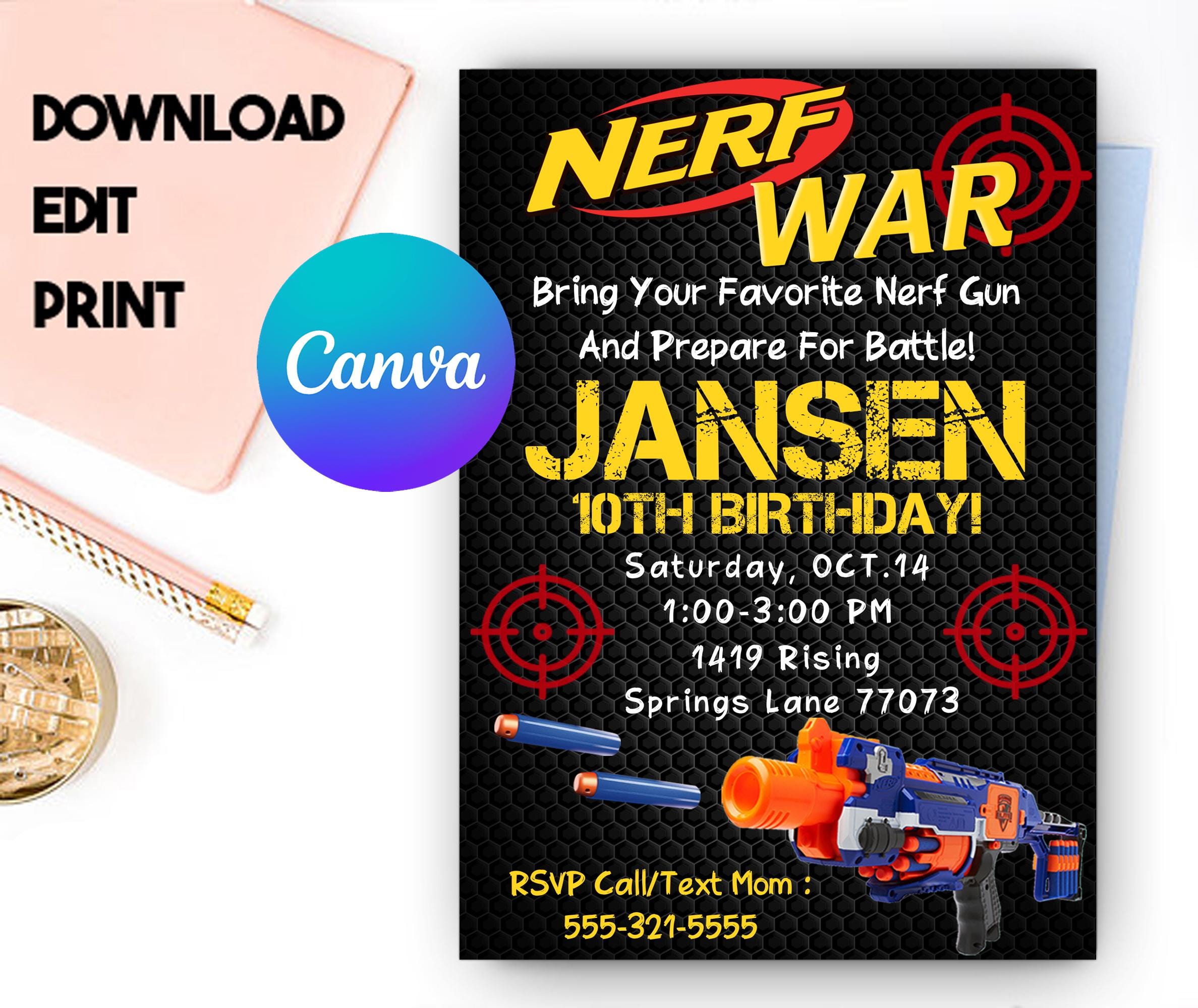 Nerf War Invitation, Nerf War Party Invitation, Nerf War Birthday ...
