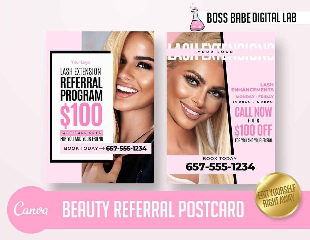 DIY Canva Beauty Referral Card, Lash Artist Referral Postcard Design ...