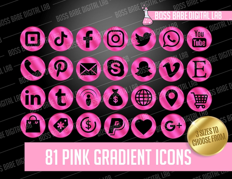 Hot Pink and Black Website Icon Kit, Hot Pink Social Media Icons, Hot ...