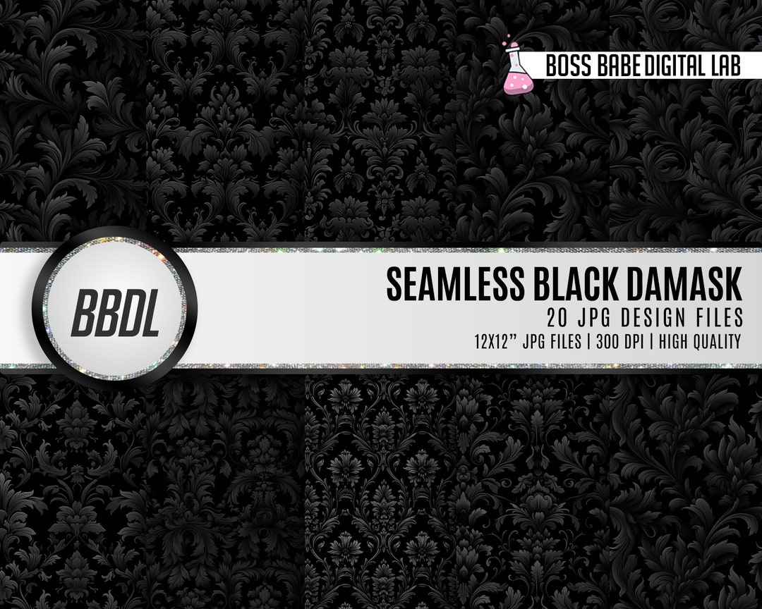 Black Seamless Damask Digital Papers, Scrapbook Paper, Black Damask ...