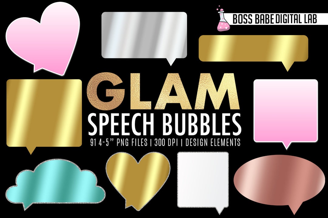 Glam Speech Bubbles Clipart, Gold Speech Bubble Design Elements, Silver ...