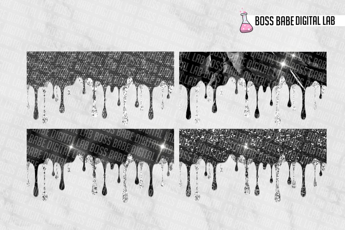 Glam Black and Diamond Drips Clipart, Glitter Black Drips Borders ...