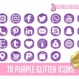 Purple Glitter Icon Kit, Purple Social Media Icons, Purple Social Media ...