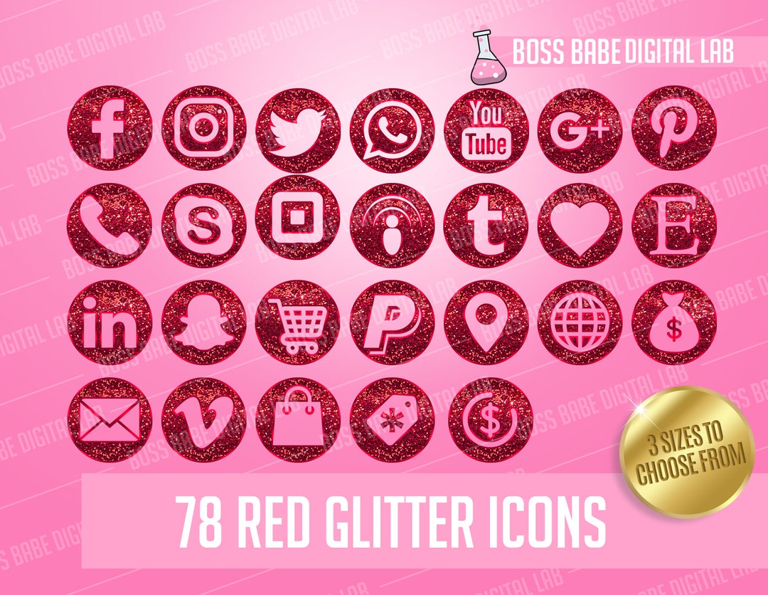 Red Glitter Icon Kit, Red Social Media Icons, Red Social Media Icons ...
