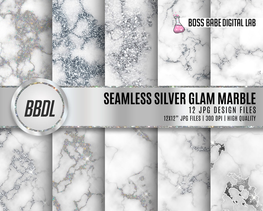 Seamless Silver Glam Marble Digital Paper, Silver Marble Paper, Silver ...