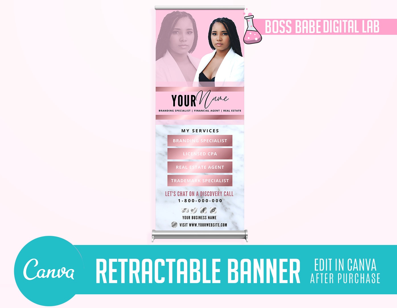 DIY Canva Retractable Banner, Pink Retractable Banner, Canva Marble ...