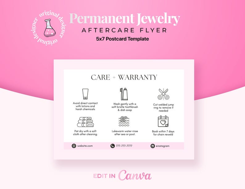 Editable in Canva Permanent Jewelry Care Card, Printable Jewelry Care ...