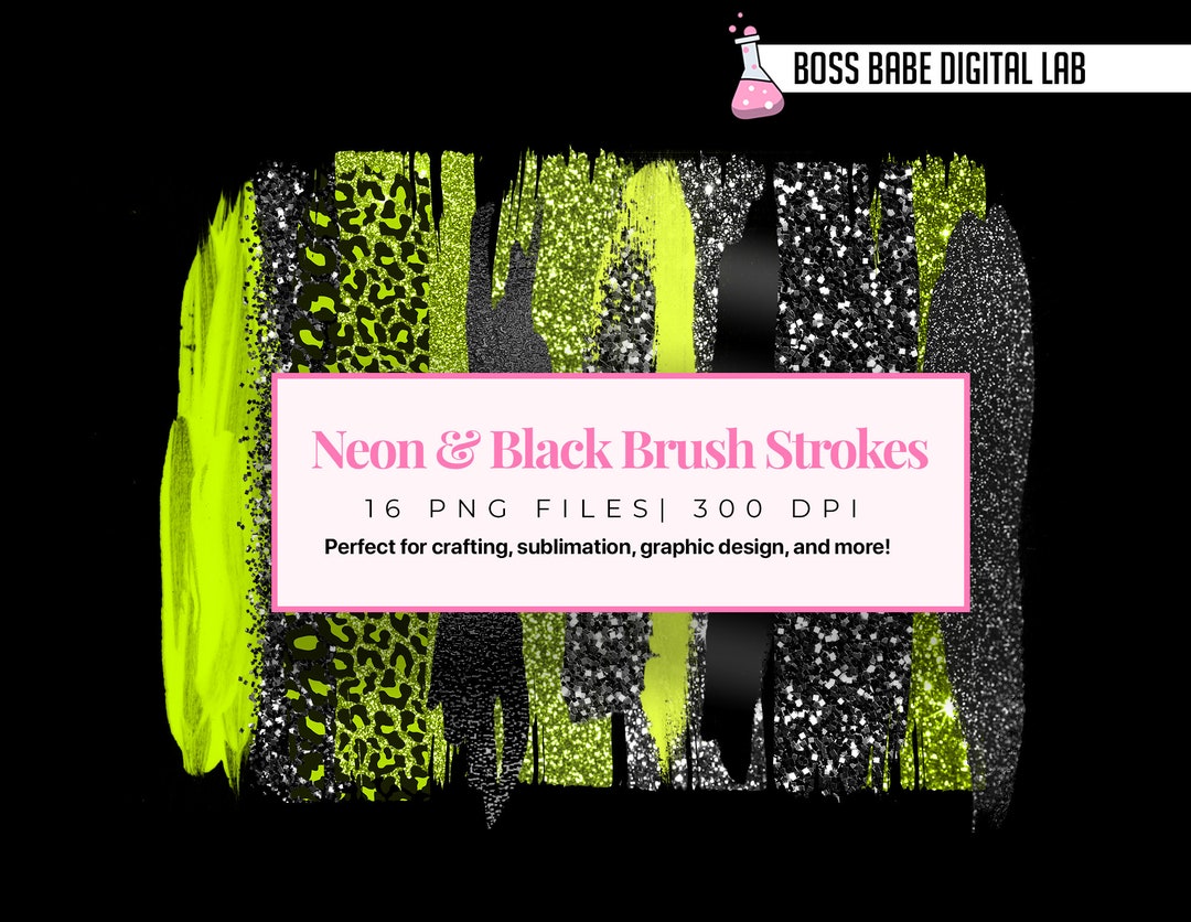 Black and Neon Beauty Brush Strokes, Black Glitter Clipart, Black and ...