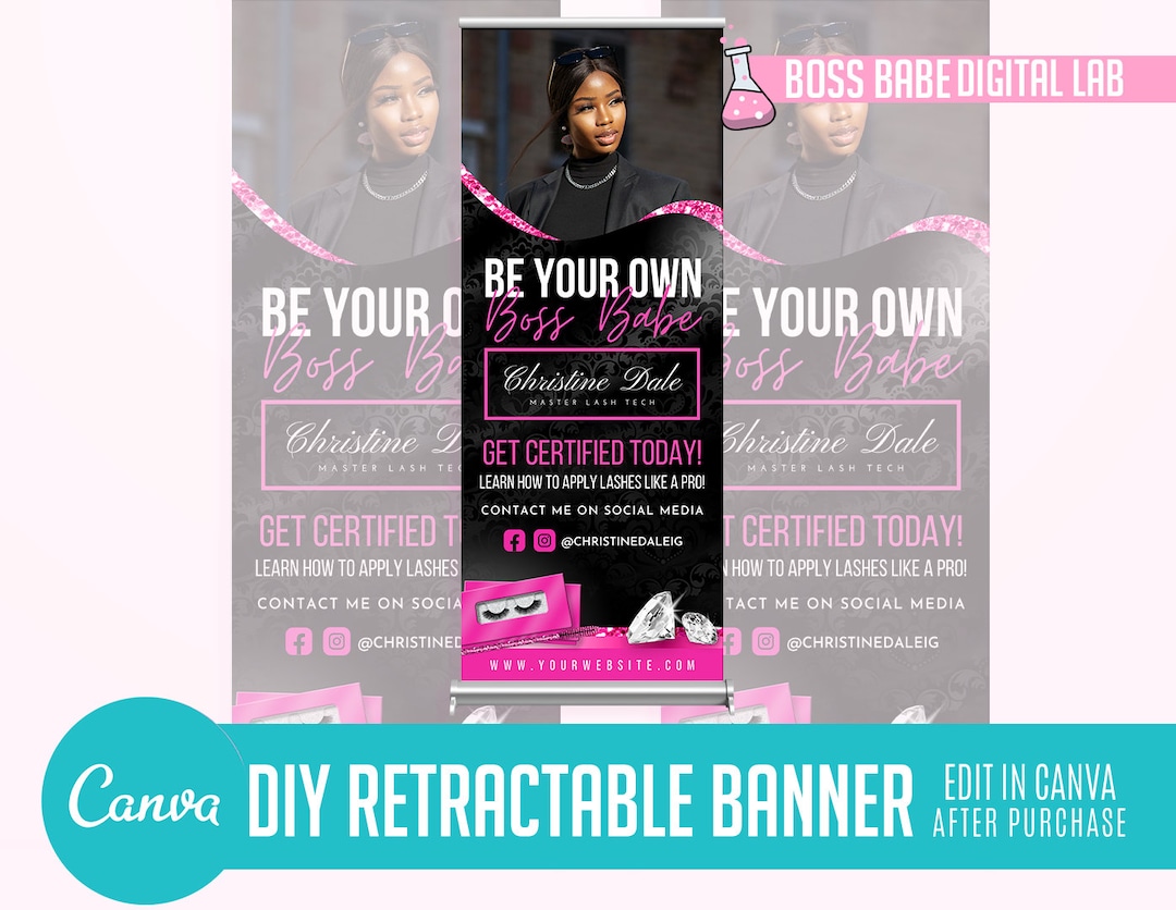 DIY Canva Lash Extension Retractable Banner, Black and Pink Canva Lash ...